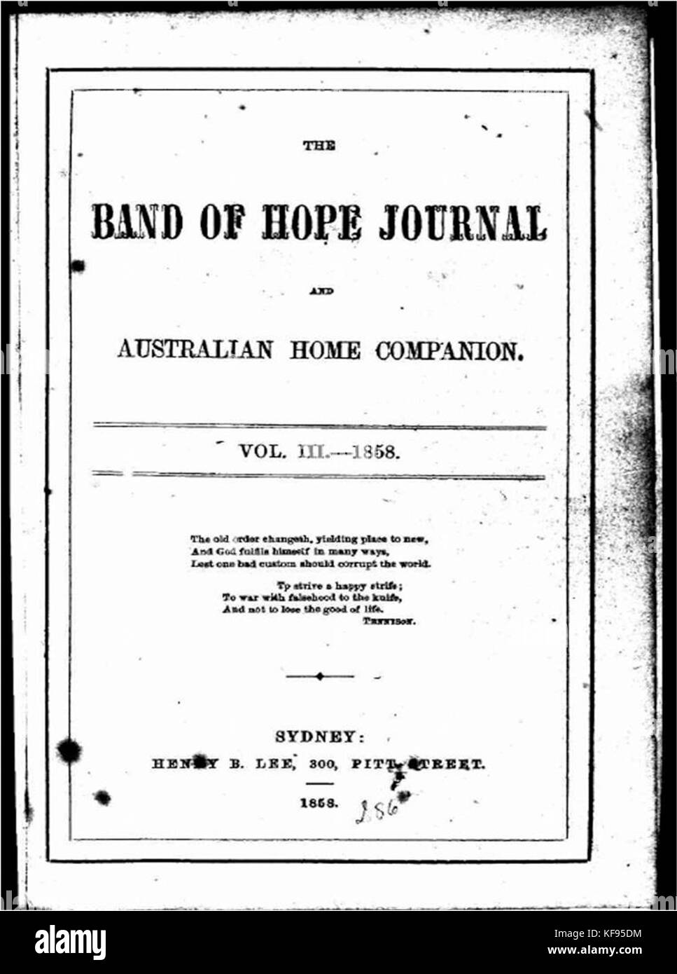 Band of Hope Journal and Australian Home Companion 2 January 1858 Stock ...
