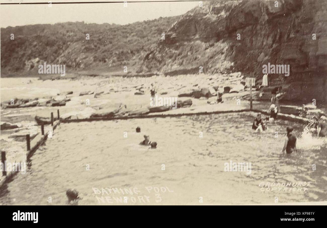 A historical photograph of the bathing pool in Newport, capturing a ...