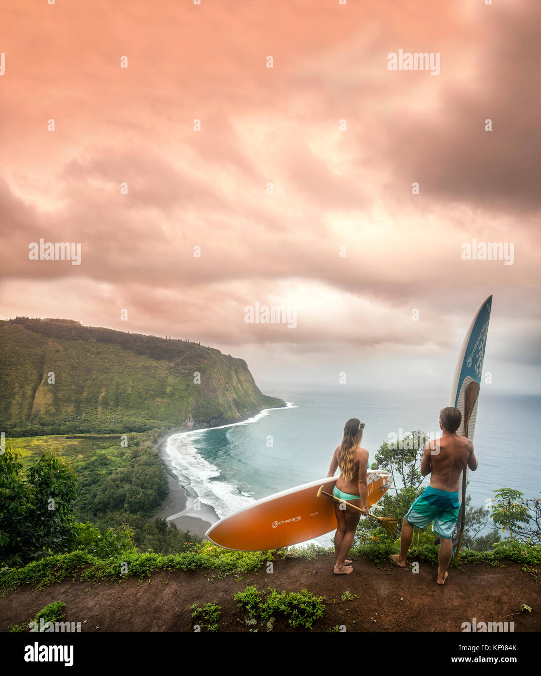 USA, Hawaii, The Big Island, paddle boarders scope out the Waipio ...