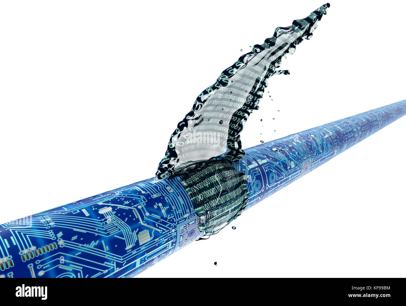 concept of leaky software, data pouring out of pipe. with clipping path ...