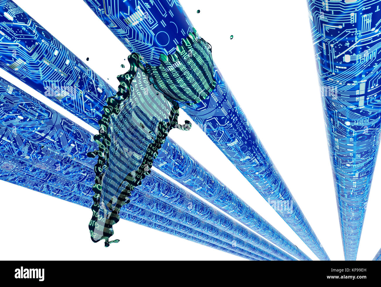 concept of leaky software, data pouring out of pipe. with clipping path ...