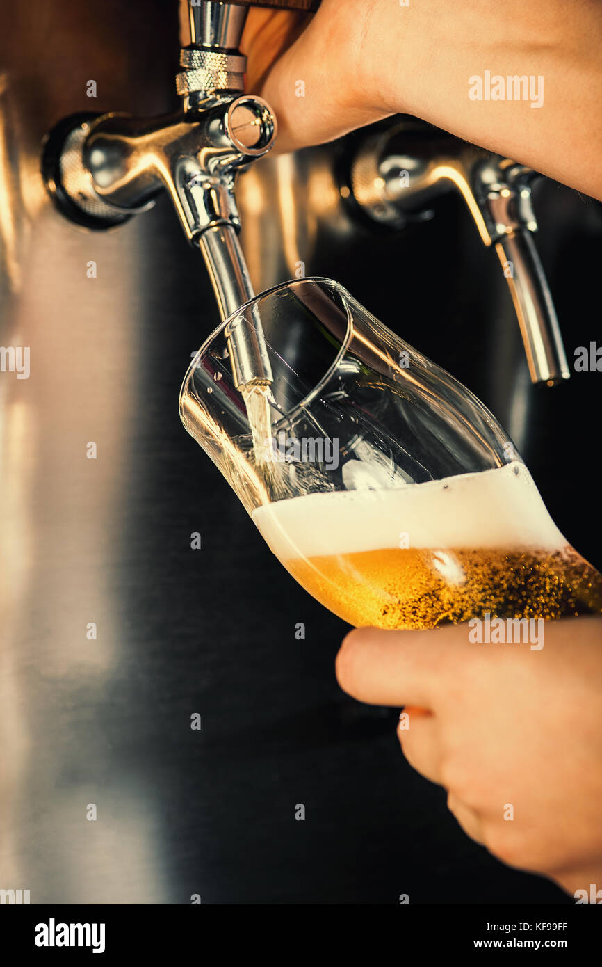 Hand of bartender pouring a large lager beer in tap Stock Photo - Alamy