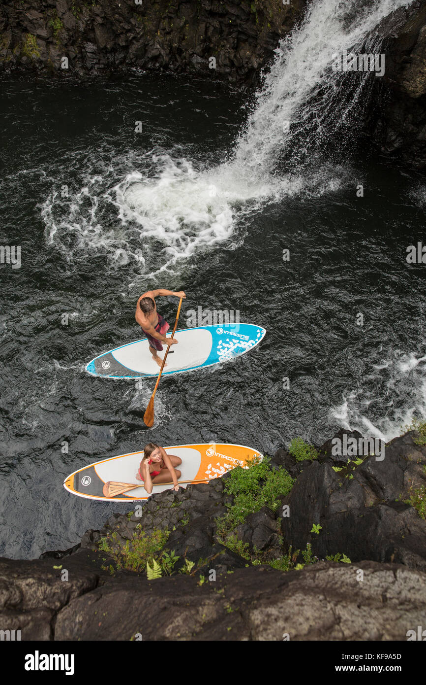 USA, Hawaii, The Big Island, Hilo, paddle boarding on the Wailuku River ...