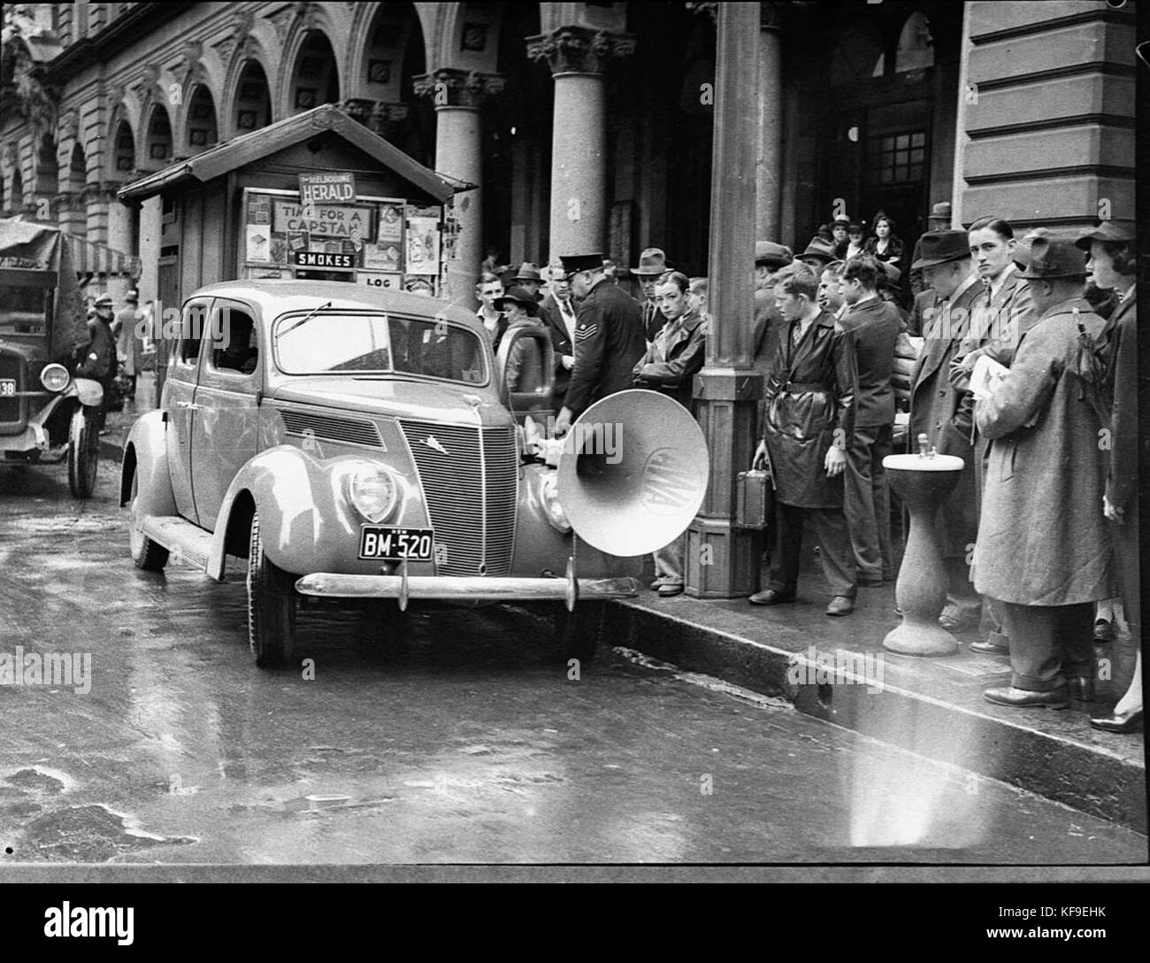 A car equipped with an AWA loudspeaker system, used for broadcasting ...