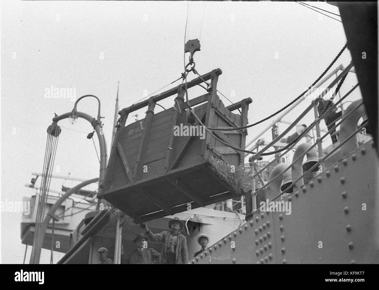 43634 Unloading a prize bull from a ship by wooden enclosure and onto a ...