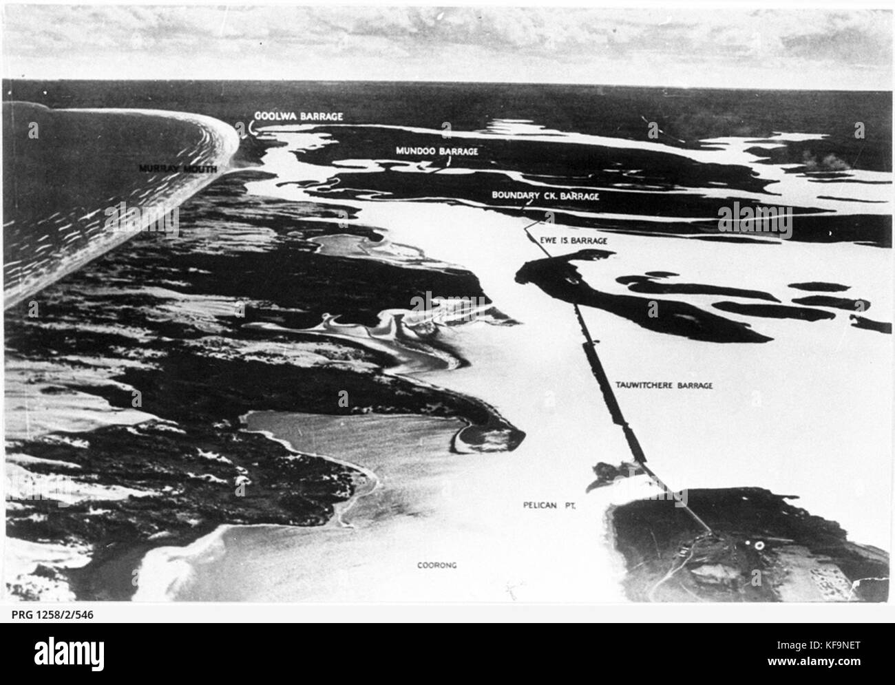 Aerial view of River Murray barrages with superimposed text PRG 1258 2 ...