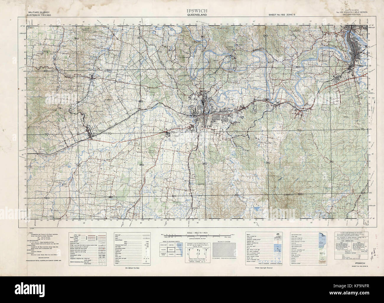 A topographic map of Ipswich, Queensland, published in 1951. It shows ...