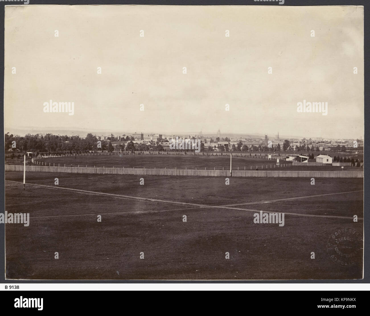 This historical photograph shows the Adelaide Oval in 1877, a famous ...