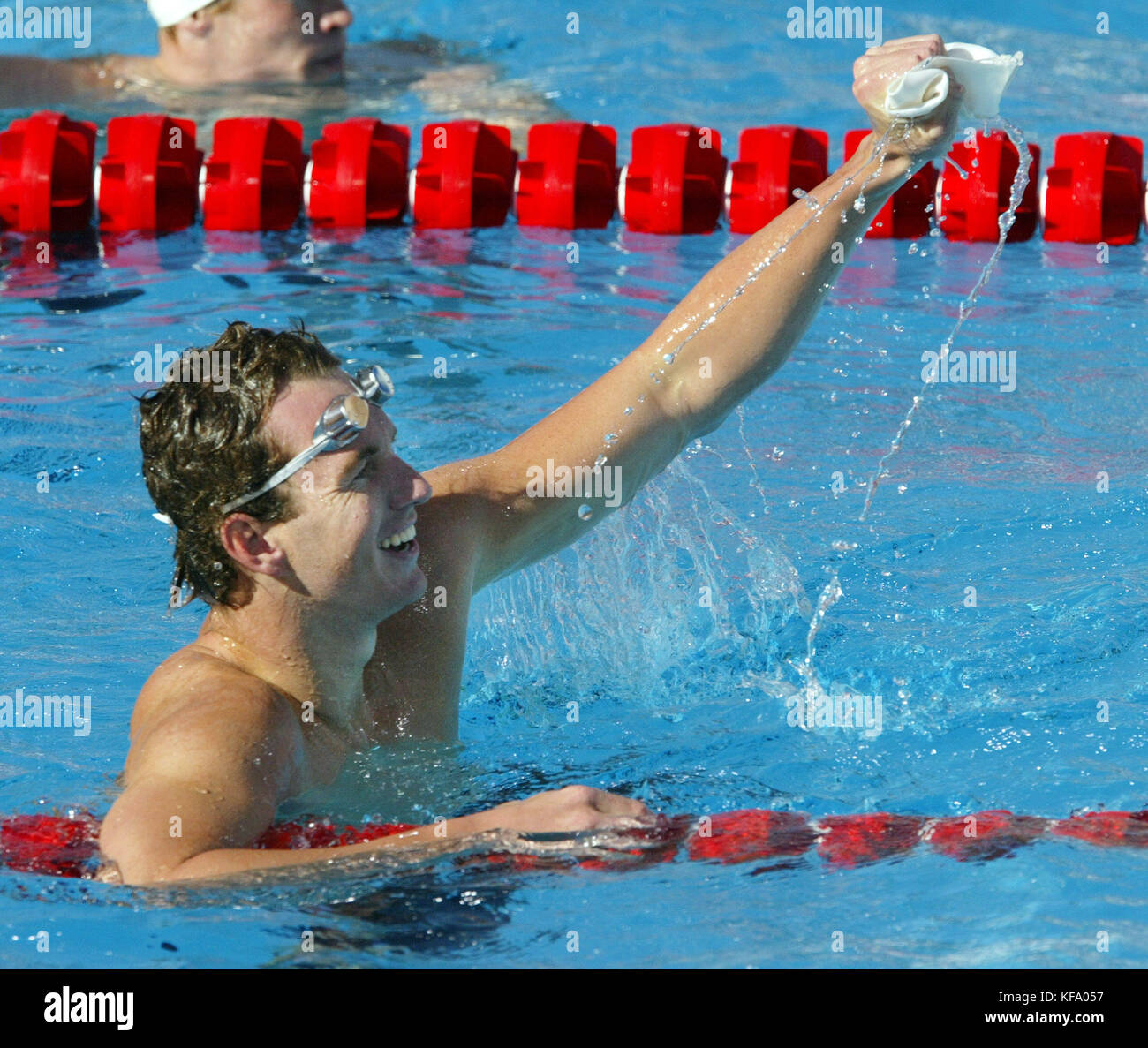US swimmer Aaron Peirsol celebrates his first place finish at the Mens ...
