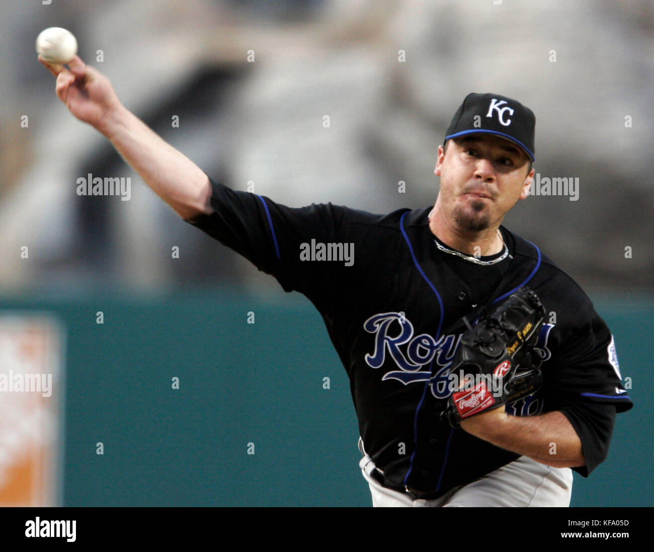 Kansas City Royals pitcher Ryan Jensen throw to the Los Angeles Angels ...