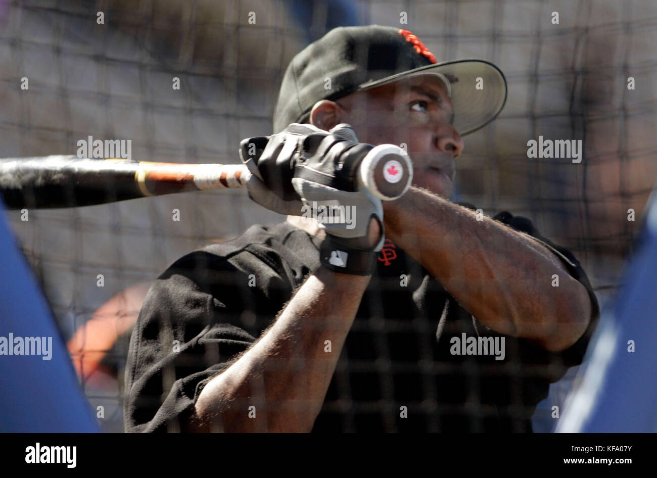 San Francisco Giants' Barry Bonds swings in the batting practice cage ...