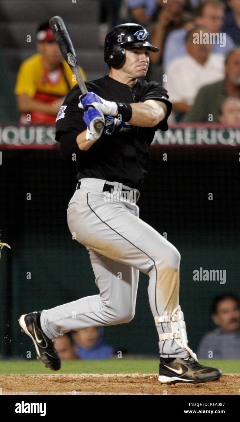Toronto Blue Jays' Russ Adams hits a RBI double off Los Angeles Angels ...