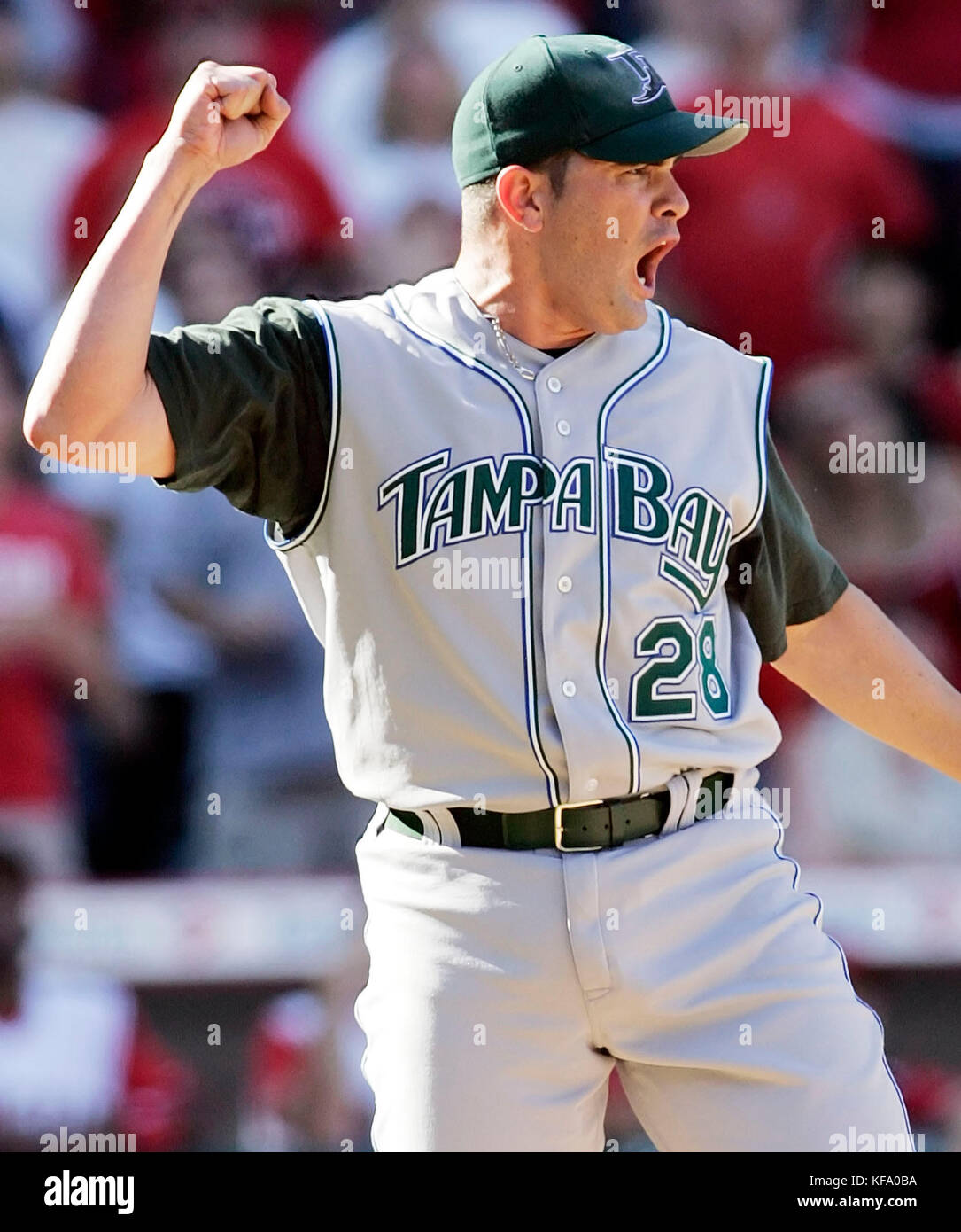 Tampa Bay Devil Rays relief pitcher Danny Baez pumps his fist after ...