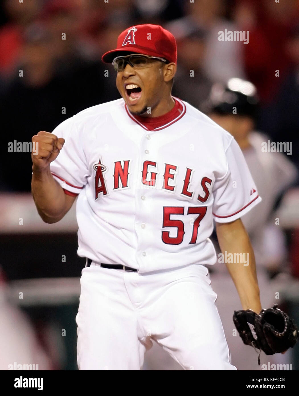 Los Angeles Angels relief pitcher Francisco Rodriguez pumps his fist ...