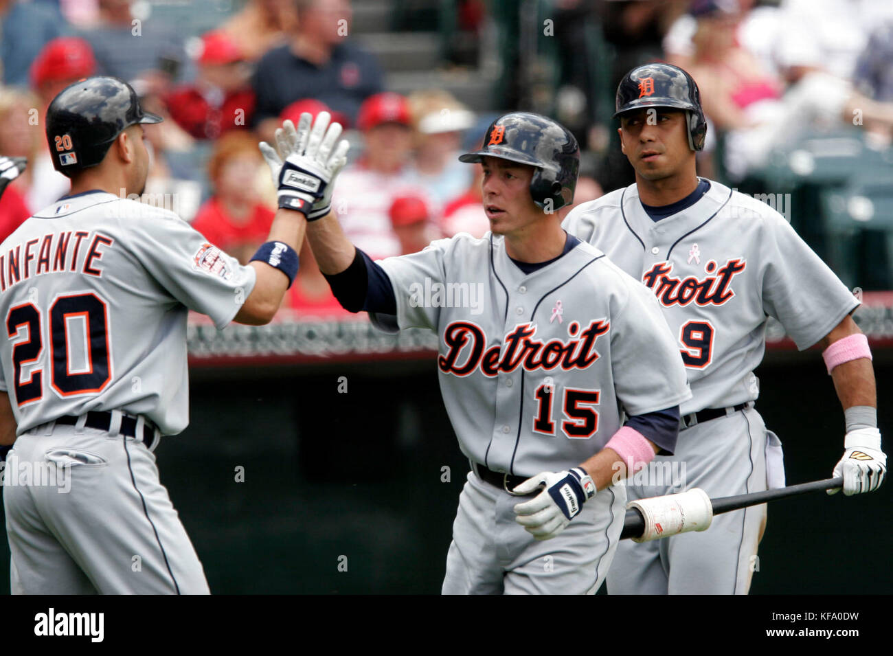Detroit Tigers Brandon Inge, center, is greeted at homeplate by ...