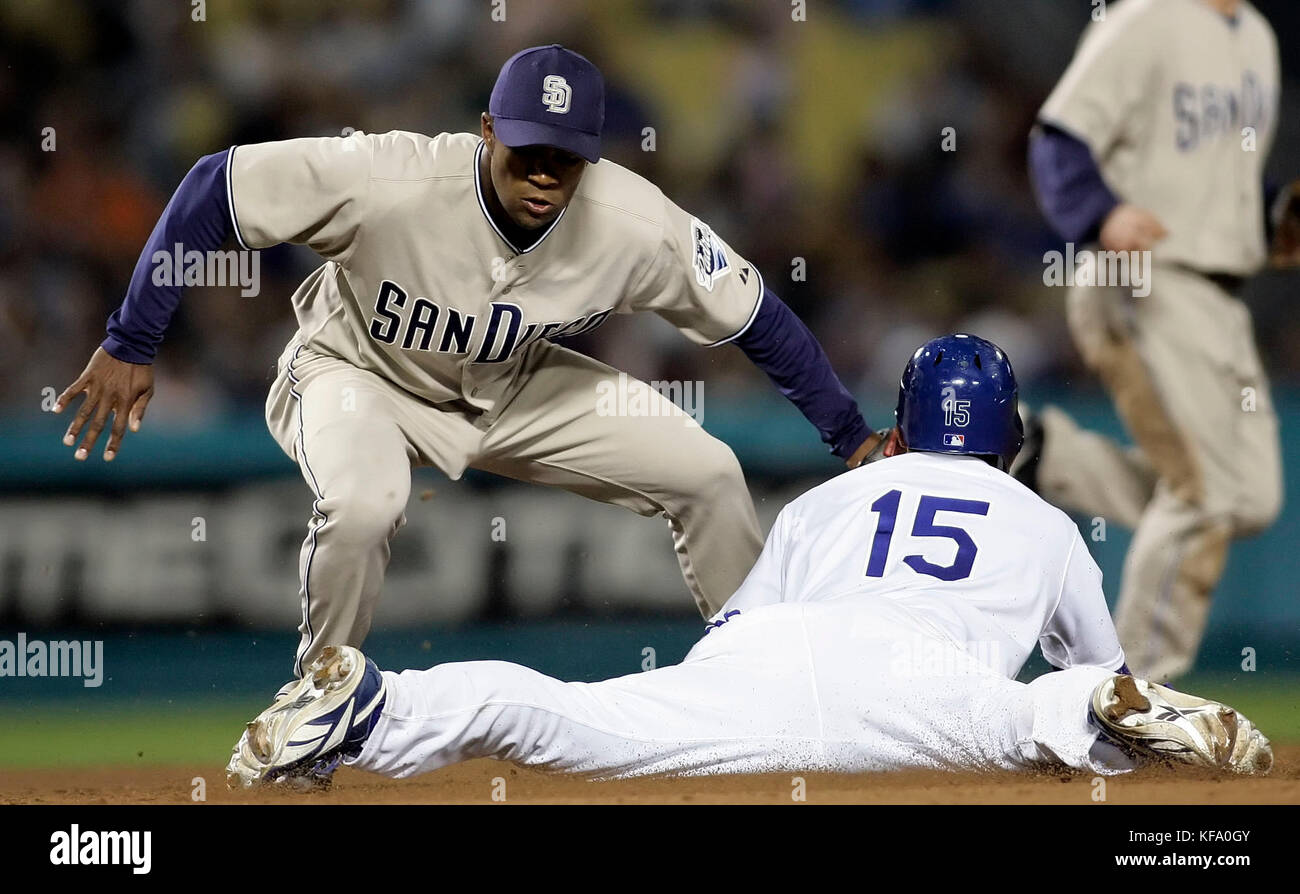 San Diego Padres second baseman Josh Barfield, left, tags out Los ...