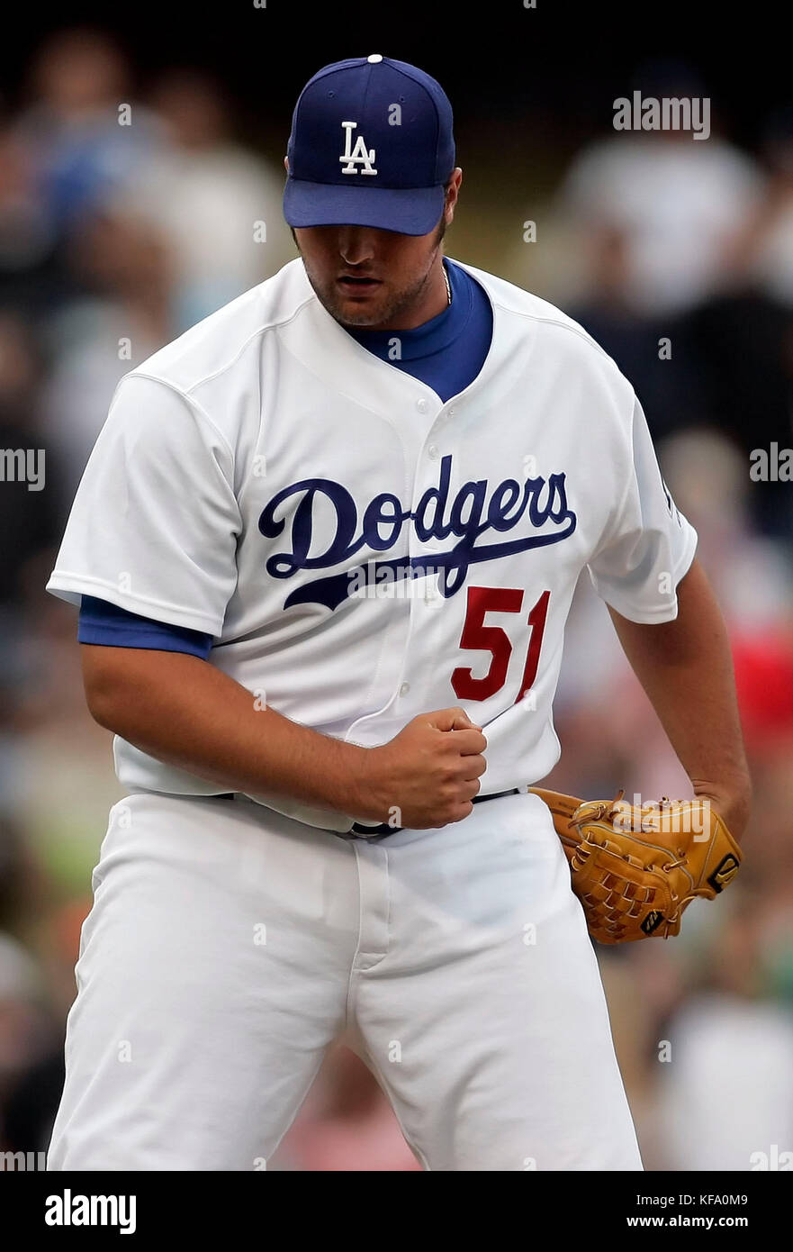Los Angeles Dodgers relief pitcher Jonathan Broxton pumps his fist ...