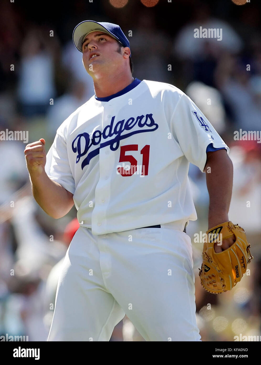 Los Angeles Dodgers relief pitcher Jonathan Broxton pumps his fist ...