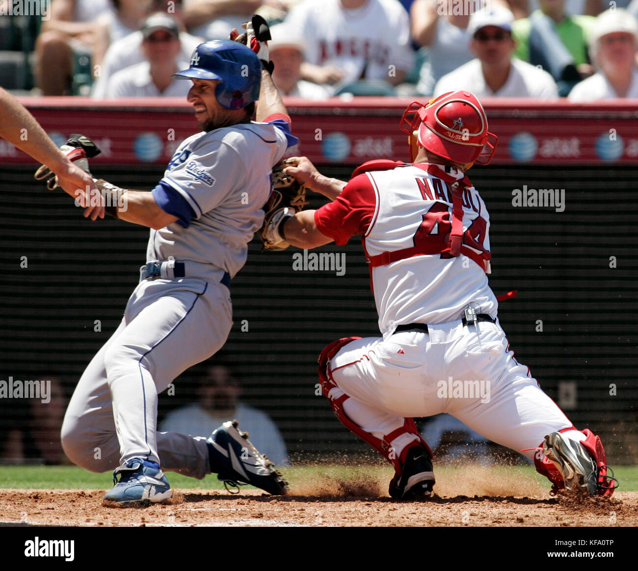Los Angeles Angels catcher Mike Napoli, right, tags out Los Angeles ...