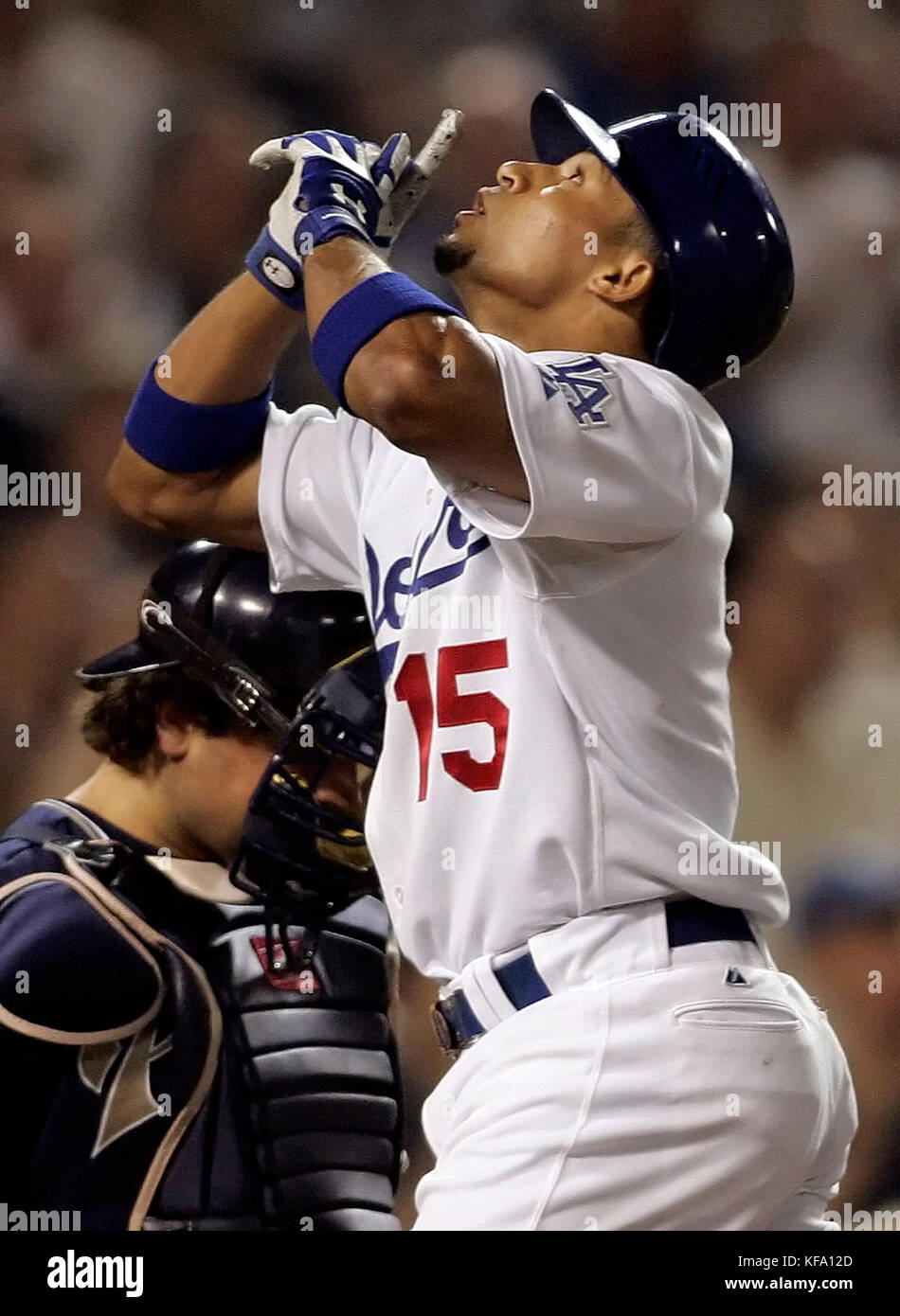 Los Angeles Dodgers' Rafael Furcal points skyward at home plate after ...