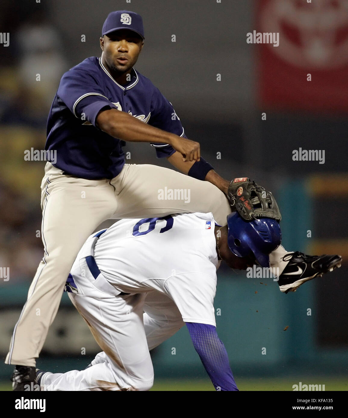 San Diego Padres second baseman Josh Barfield , top, forces out Los ...