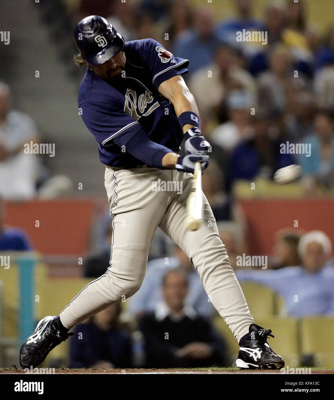 San Diego Padres' Mike Piazza hits an RBI double off Los Angeles ...