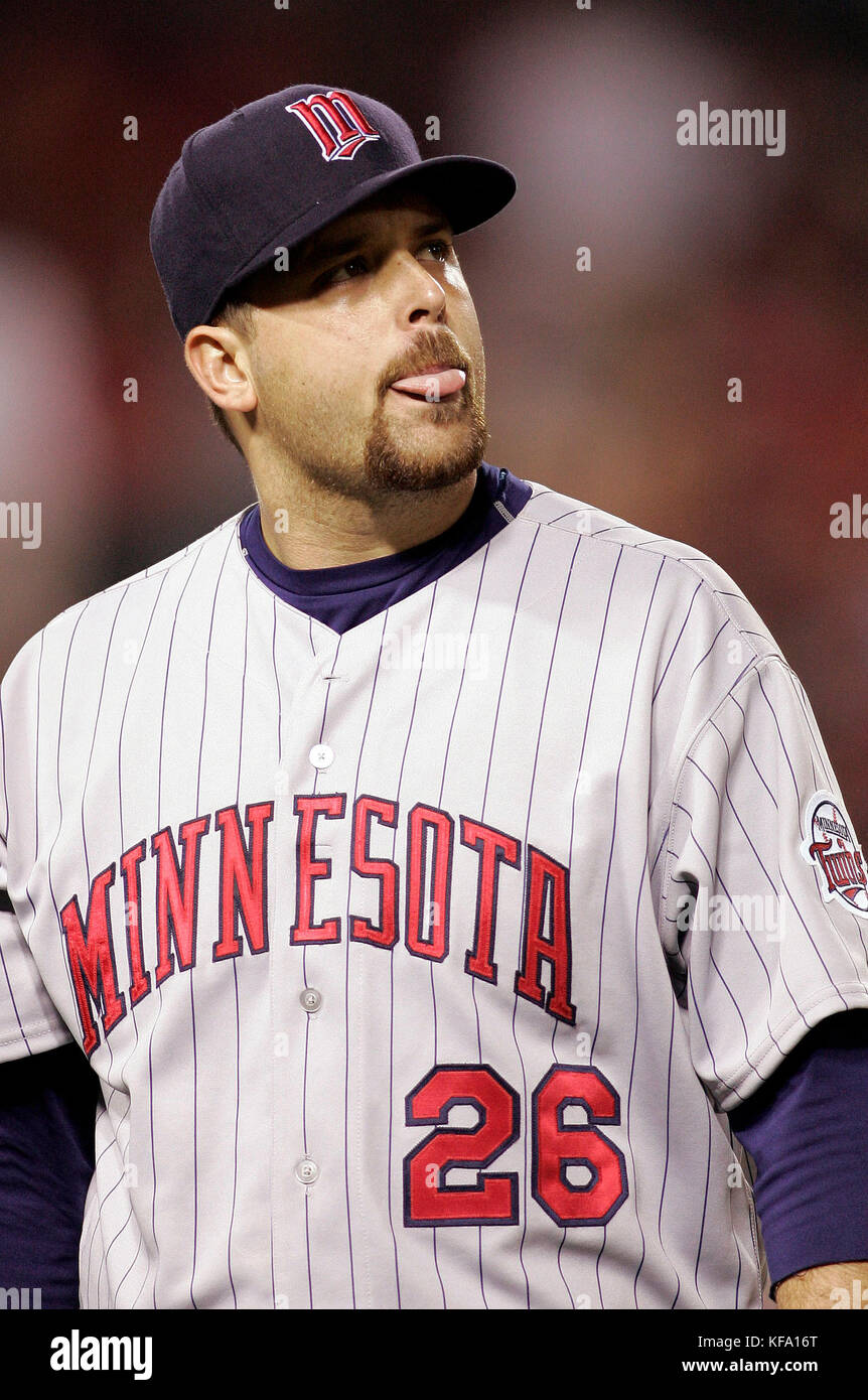 Boof Bonser of the Minnesota Twins looks up at the scoreboard with his ...