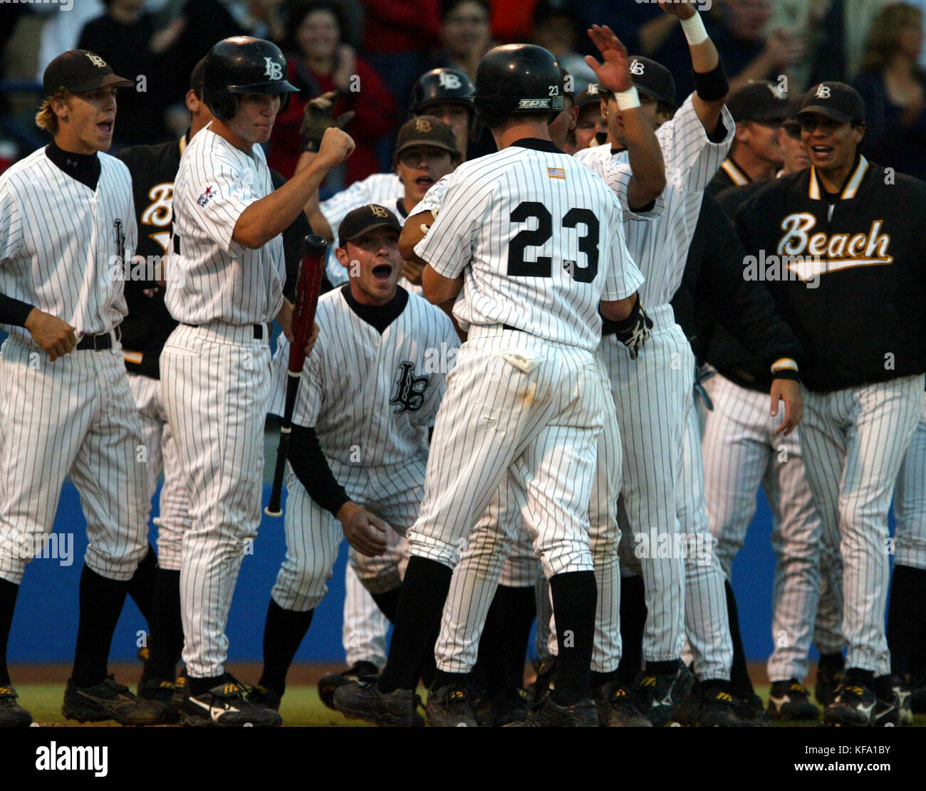 Long Beach State's Todd Jennings, #23, is greeted at homeplate by ...