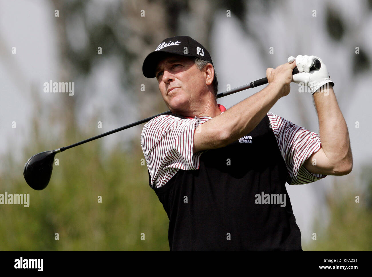 Jay Haas watches his drive from the sixth tee during the first round of ...