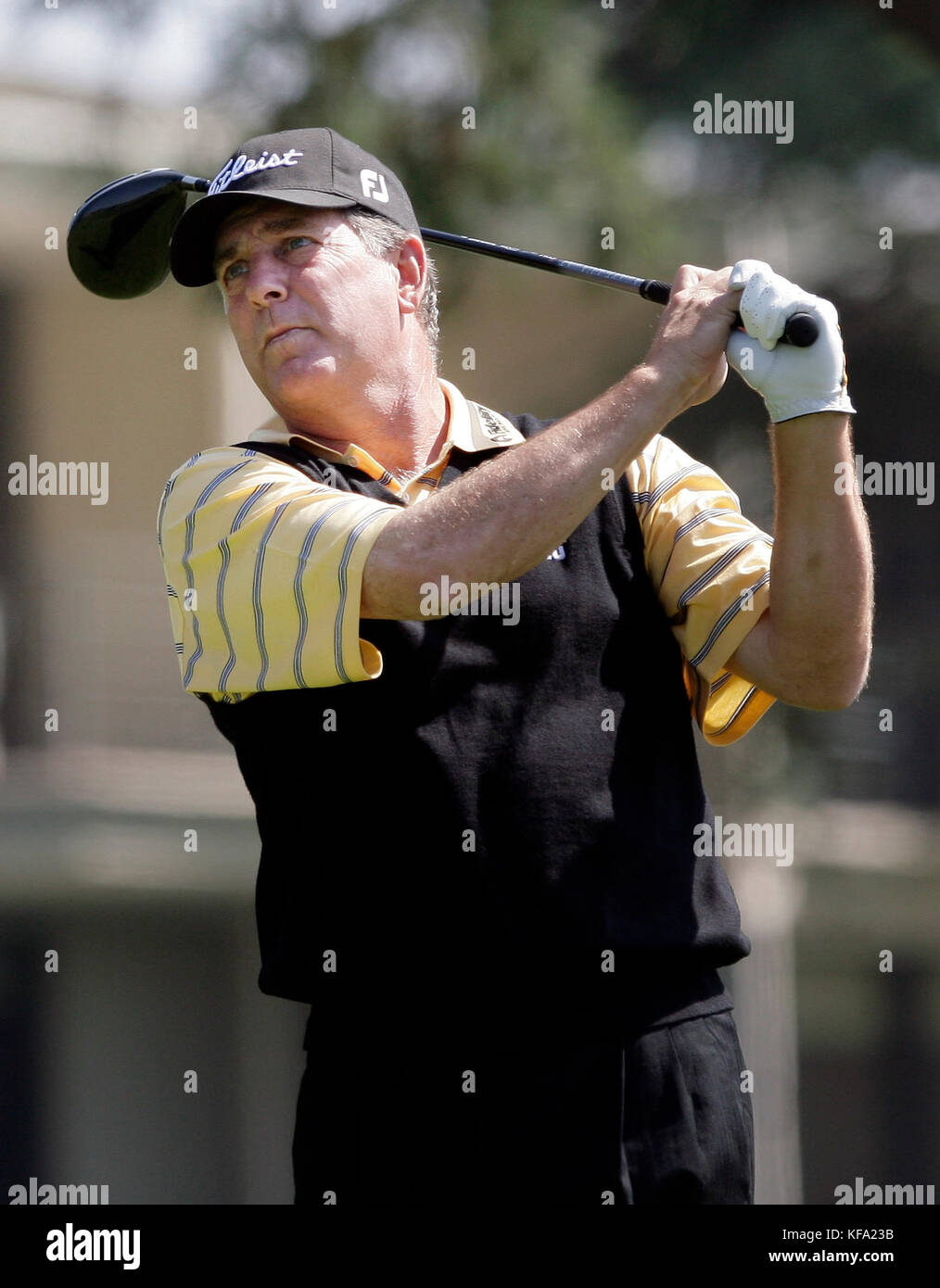 Jay Haas watches his drive from the second tee during the second round ...