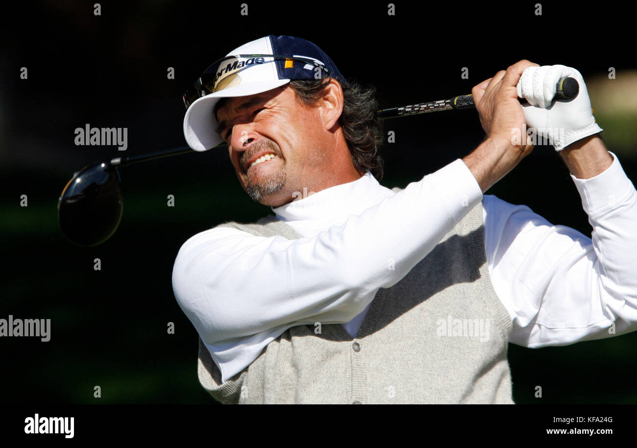 Carlos Franco of Paraguay hits off the ninth tee during the first round ...