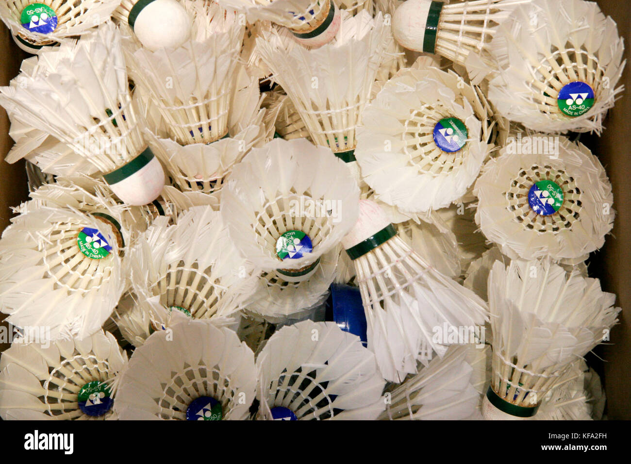 A box of shuttlecocks made of natural bird feathers at the IBF 2005 ...