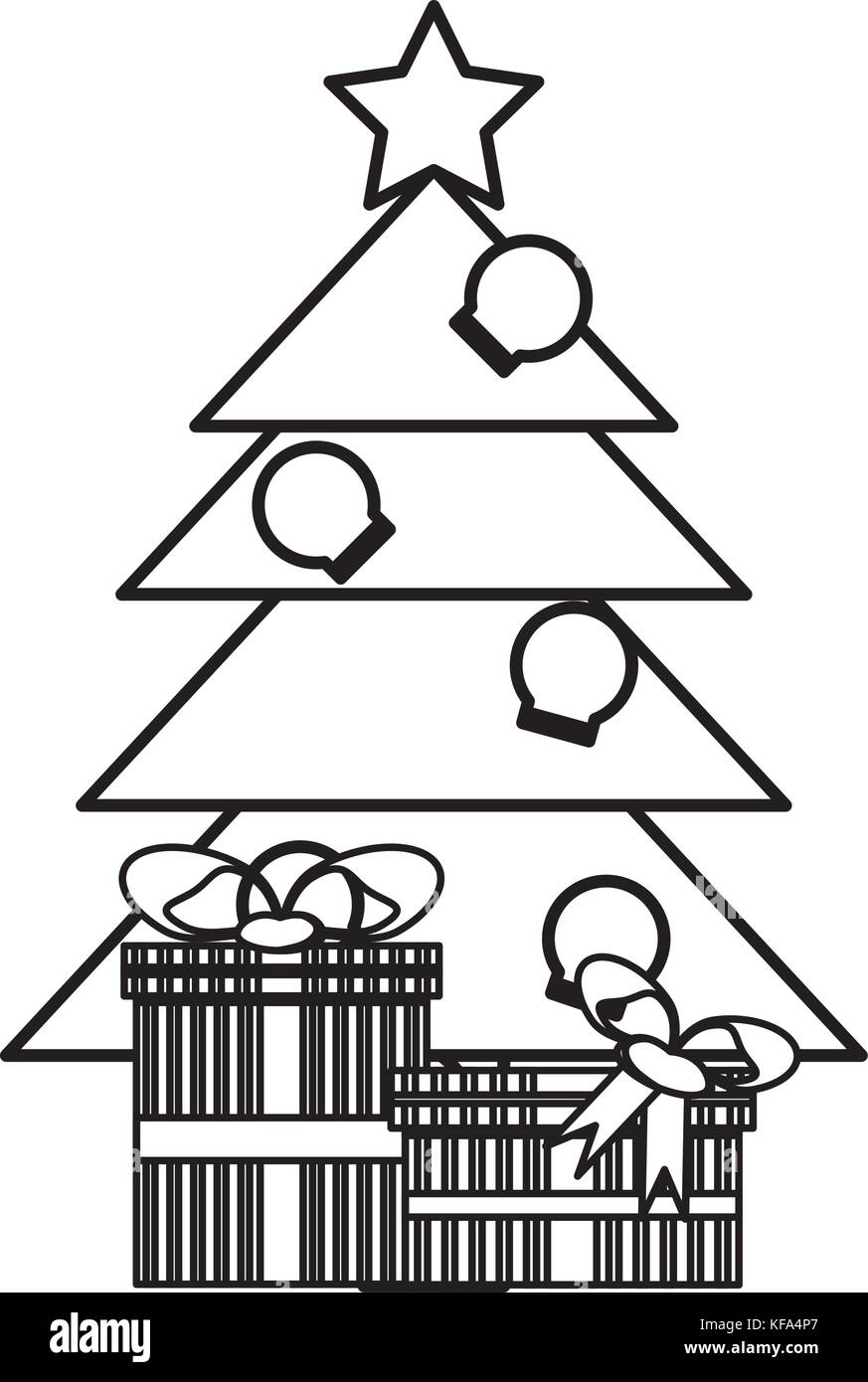 flat line uncolored christmas tree over white background vector ...