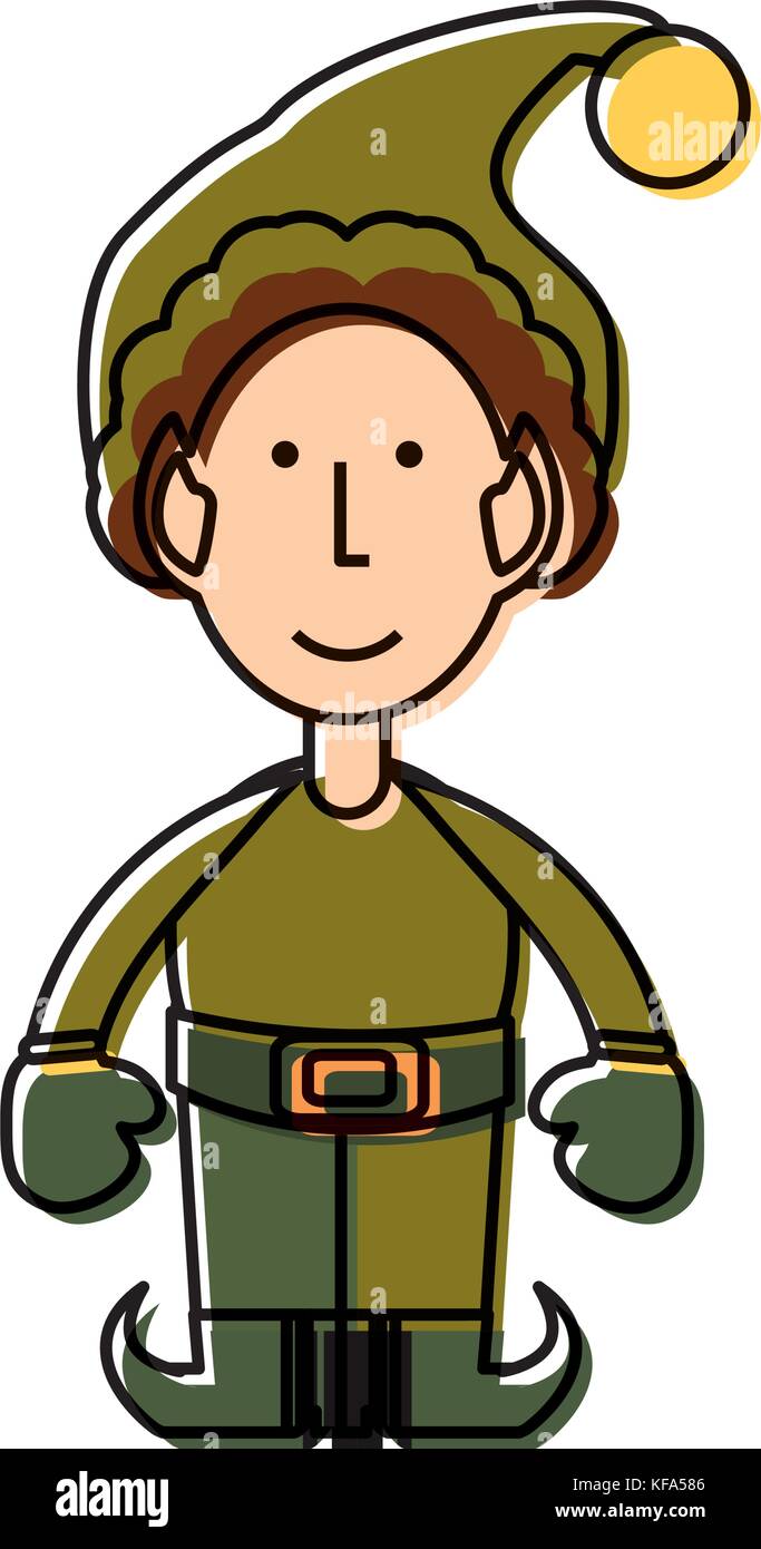 flat line colored christmas elf over white background vector ...