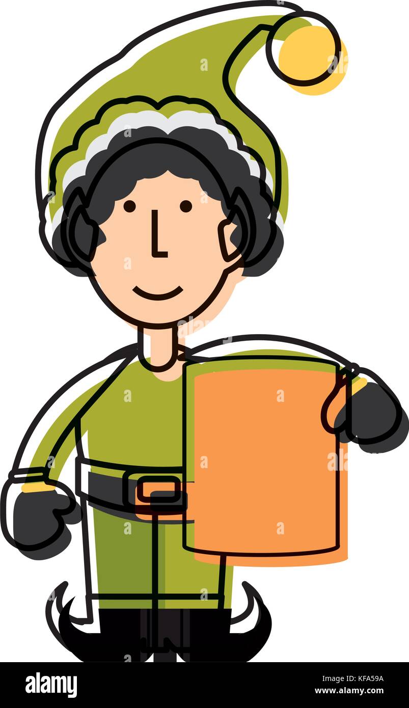 flat line colored christmas elf over white background vector ...