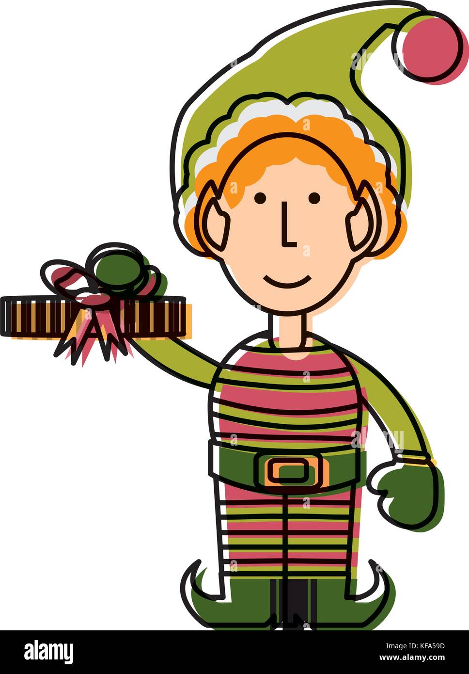 flat line colored christmas elf over white background vector ...