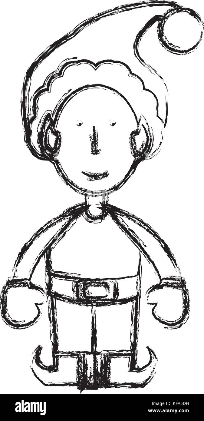 flat line uncolored christmas elf over white background vector ...