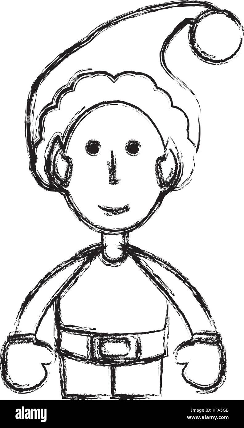 flat line uncolored christmas elf over white background vector ...