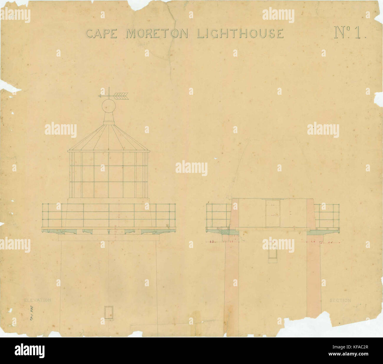 Cape Moreton Lighthouse Elevation and Section upper, 1856 Stock Photo ...