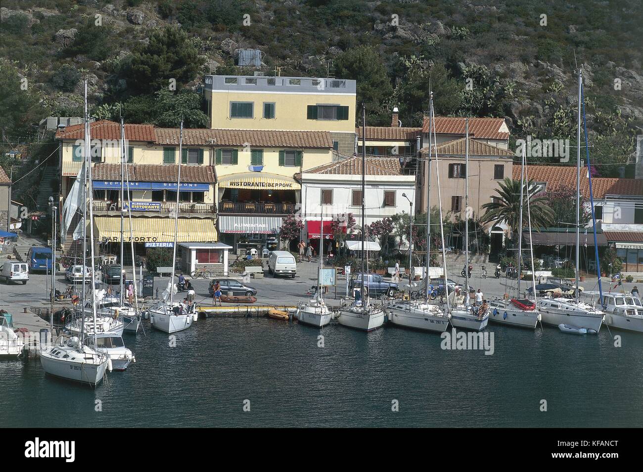 Italy, Tuscany Region, Capraia Island, Capraia, Port and built-up area ...