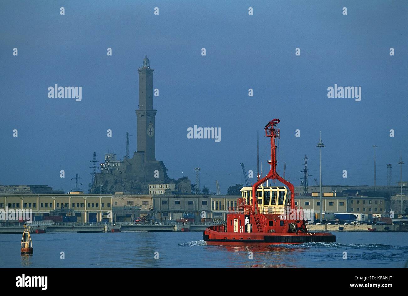Liguria, Genoa. The port and the Lantern Tower, the lighthouse symbol ...