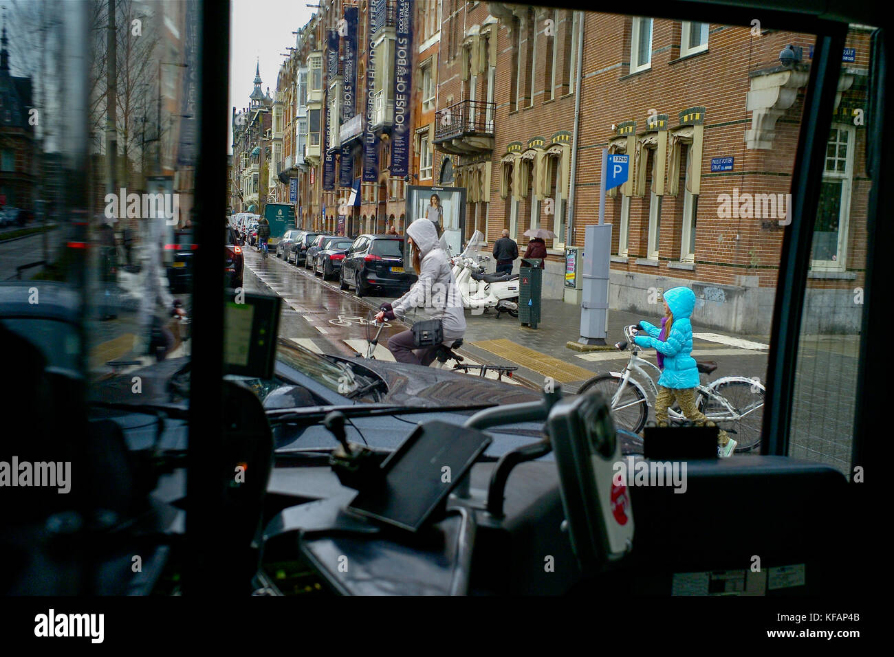 Street life seen through a bus window, Amsterdam, Netherlands Stock ...