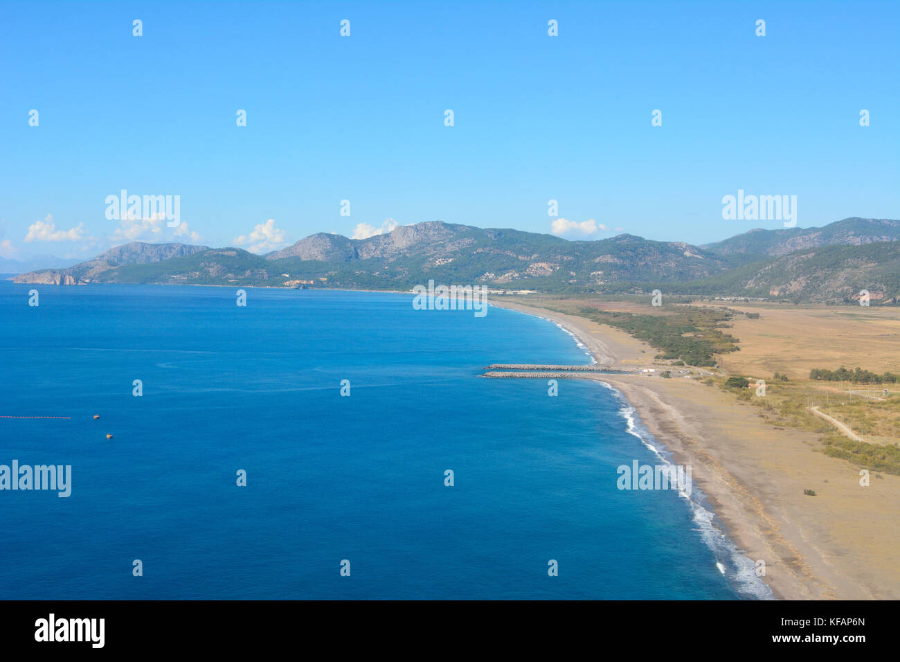 Aerial view over Dalaman beach toward Sarigerme on the Meditteranean ...