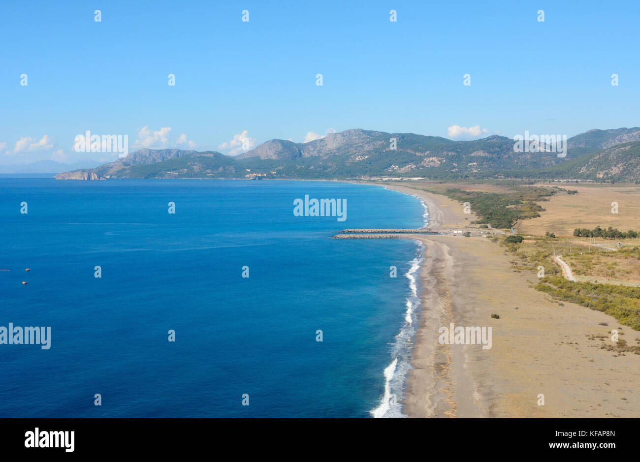 Aerial view over Dalaman beach toward Sarigerme on the Meditteranean ...