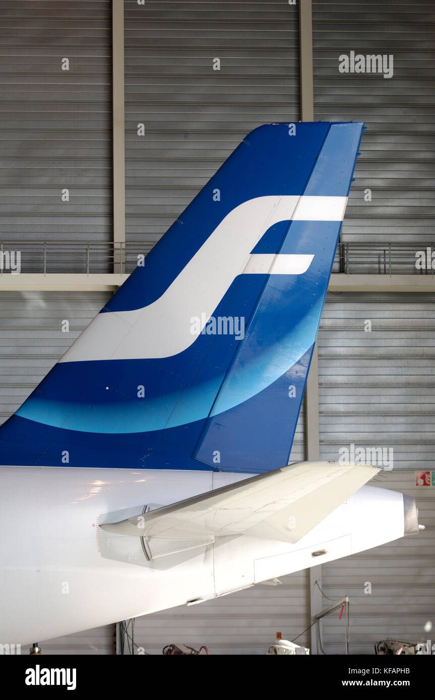 tail of a Finnair Airbus A321-200 in hangar Leko 7 at Finnair Technical ...
