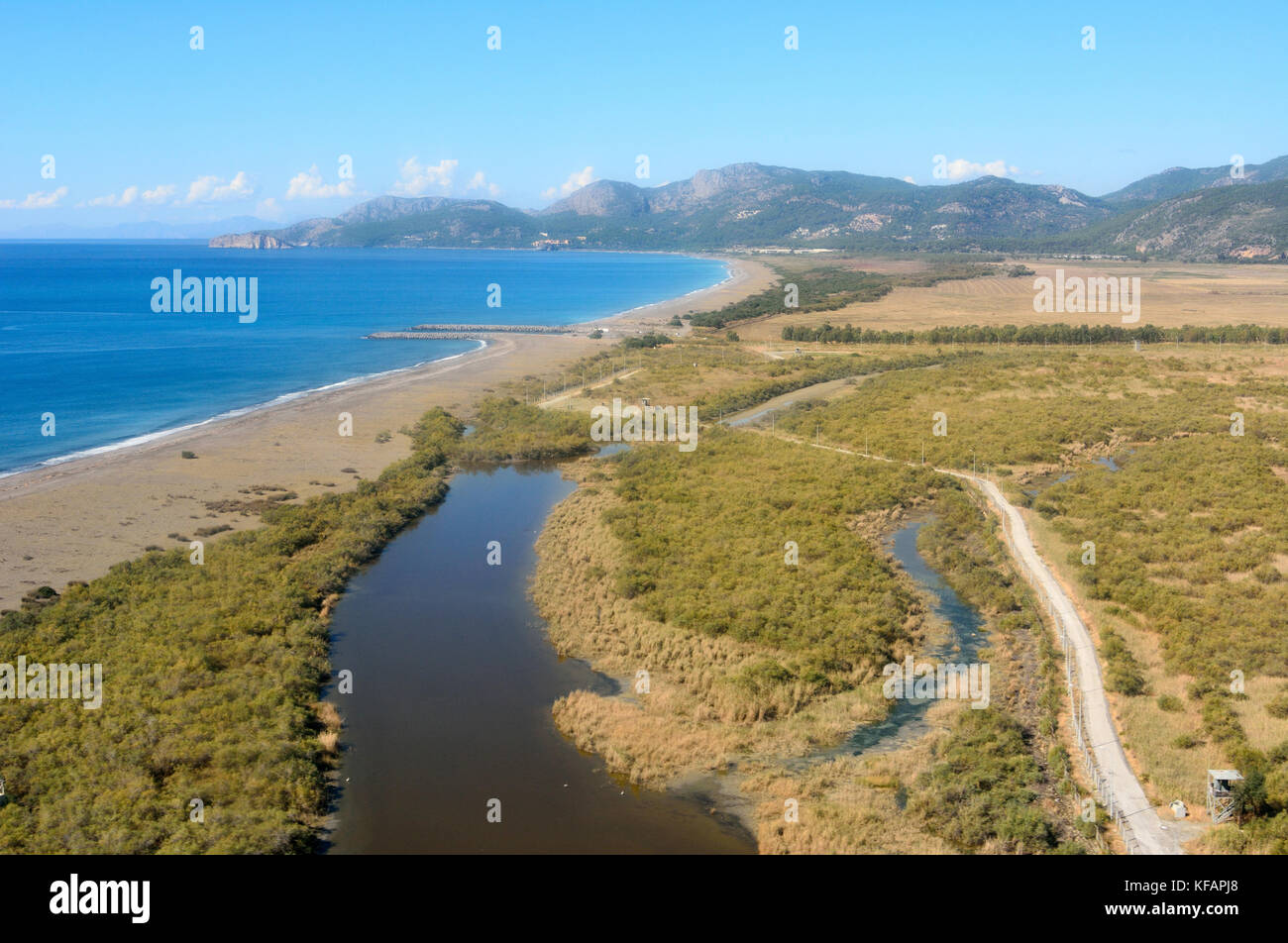 Aerial view over Dalaman river and beach toward Sarigerme on the ...