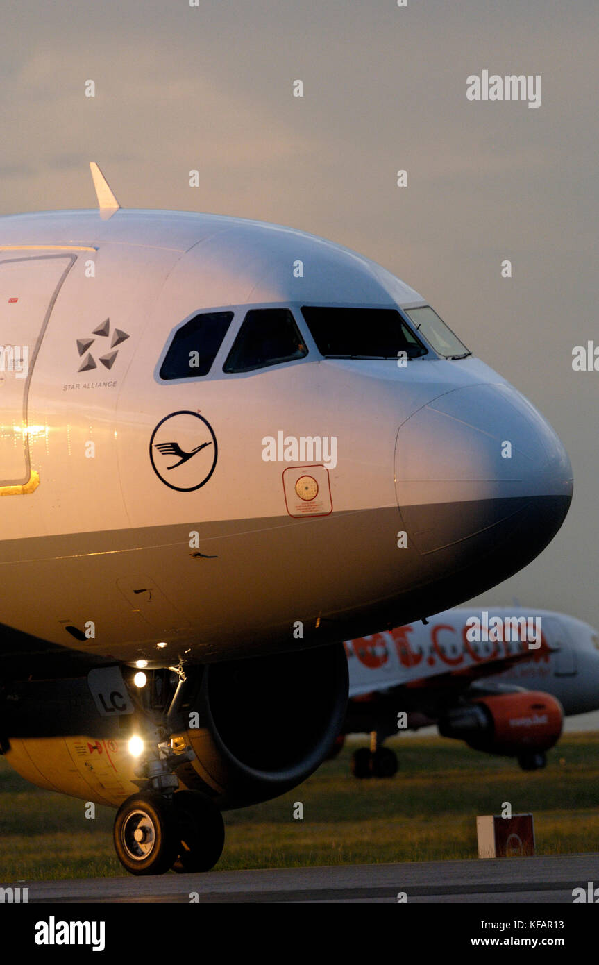 nose and cockpit windows on a Lufthansa DLH, Germany Airbus A319-114 ...