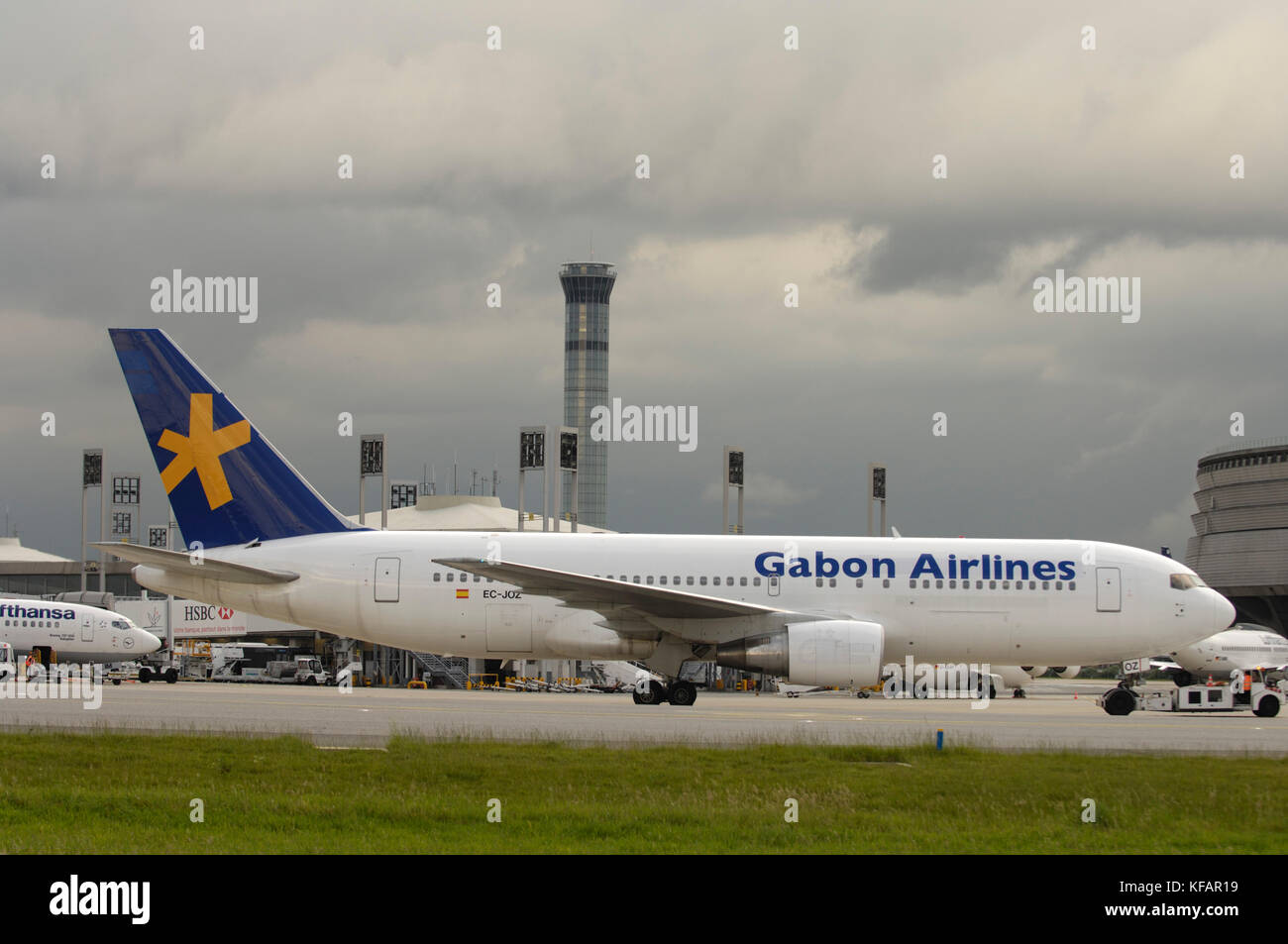 the Gabon Airlines, Gabon Boeing 767-219ER being towed by a tug on the ...