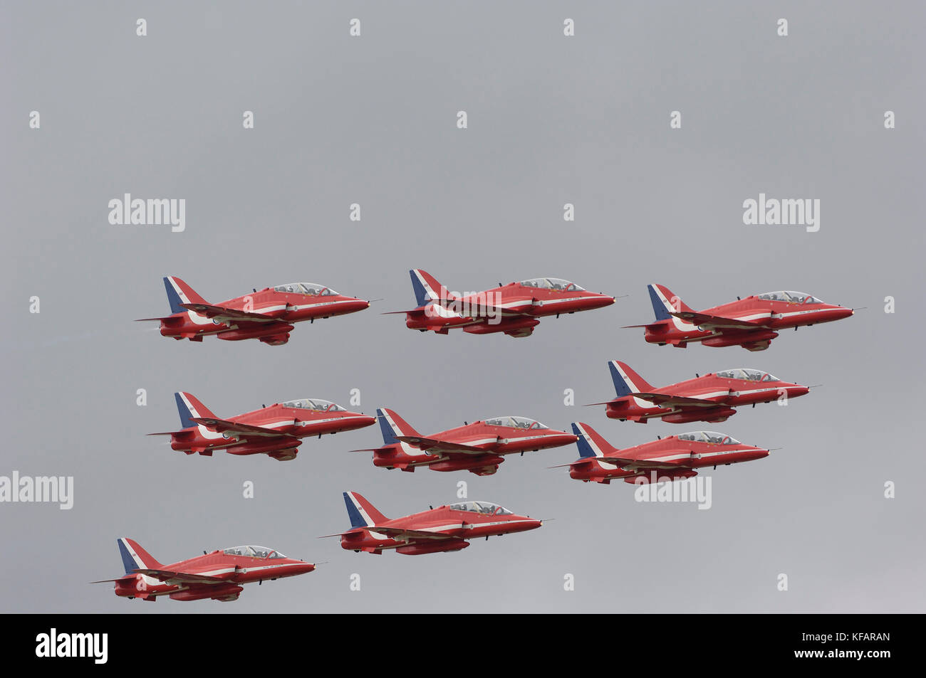 UK - Red Arrows Royal Airforce BAE Hawk T-1s flying in Diamond Nine formation at RIAT 2007 Stock ...