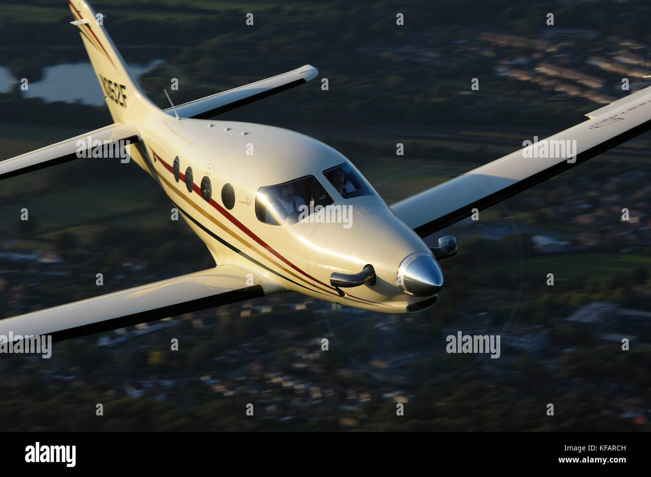 Farnborough F1 Kestrel prototype flying over fields and trees Stock ...